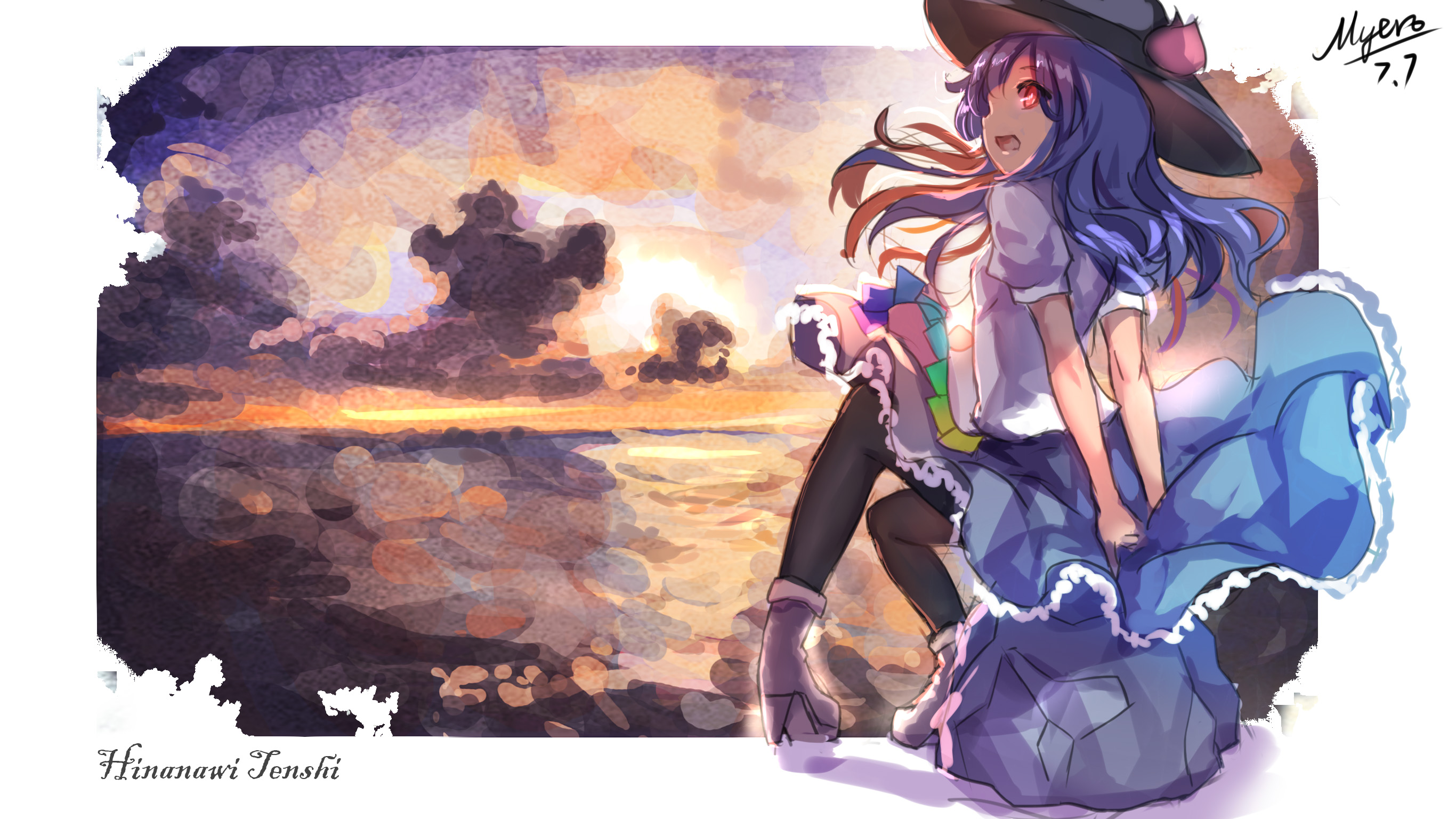 Safebooru - 1girl black legwear blue hair character name clouds food ...