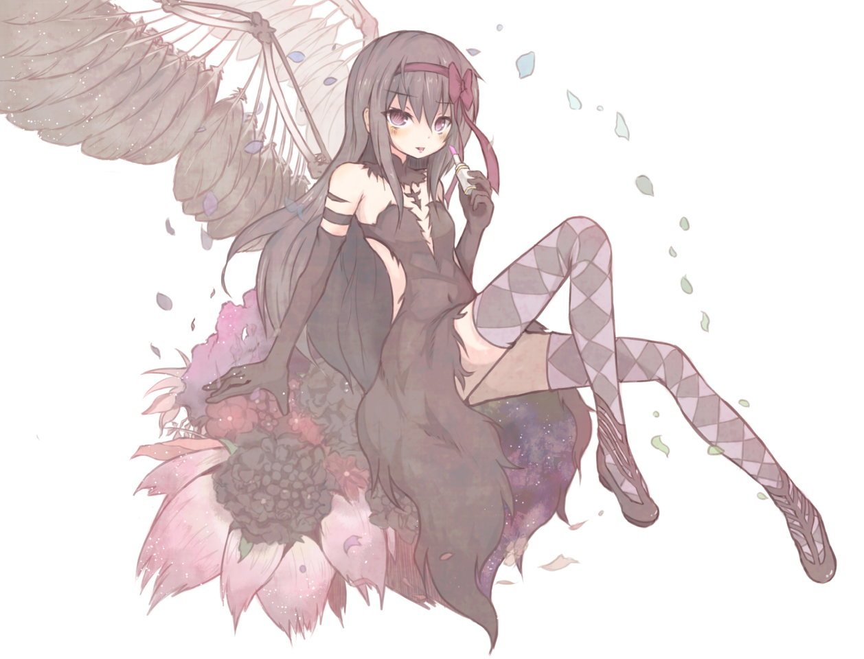 Safebooru - 1girl akemi homura akuma homura argyle argyle legwear bare shoulders black gloves ...