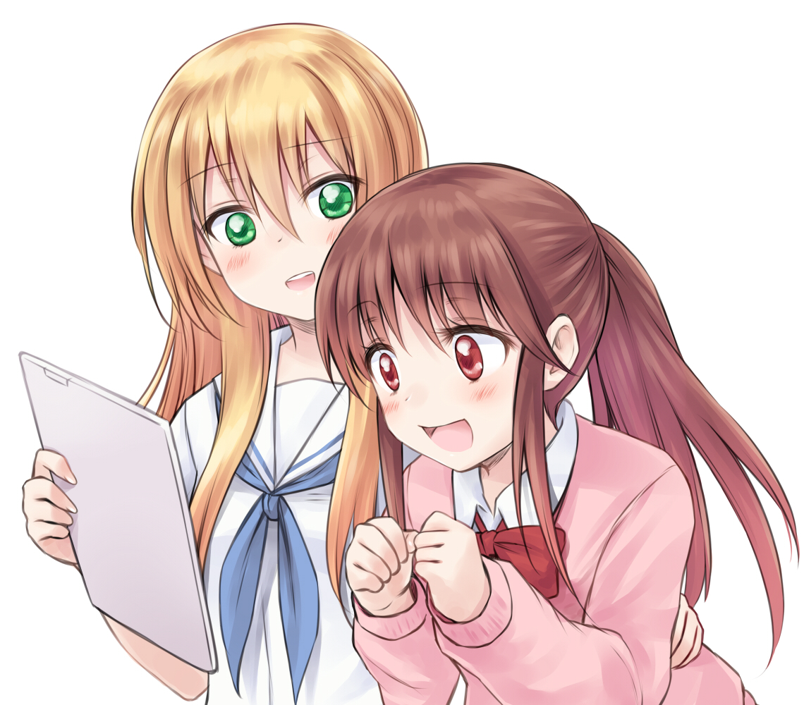Safebooru - 2girls blonde hair blush brown hair commentary request ...