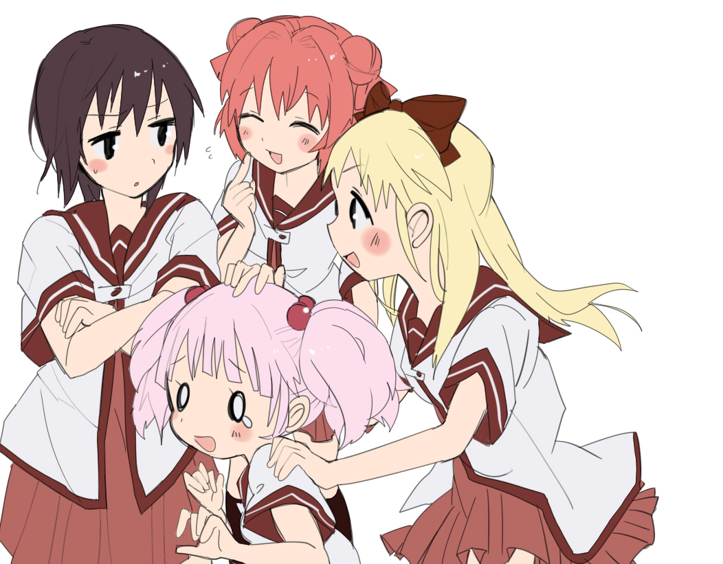 Safebooru - akaza akari black eyes black hair blonde hair crossed arms double bun funami yui ...