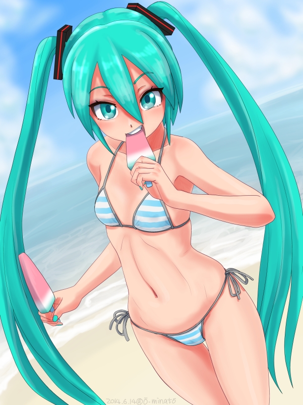 Safebooru - 1girl aqua eyes aqua hair bikini dutch angle eating hatsune miku long hair nail ...