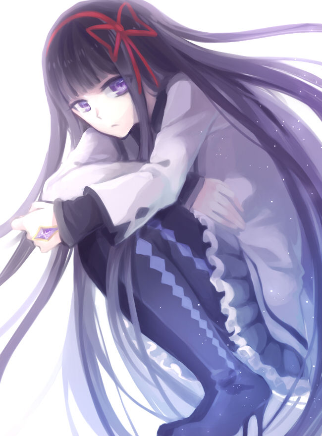 Safebooru - 1girl akemi homura black hair hair ribbon high heels leg hug long hair looking at ...