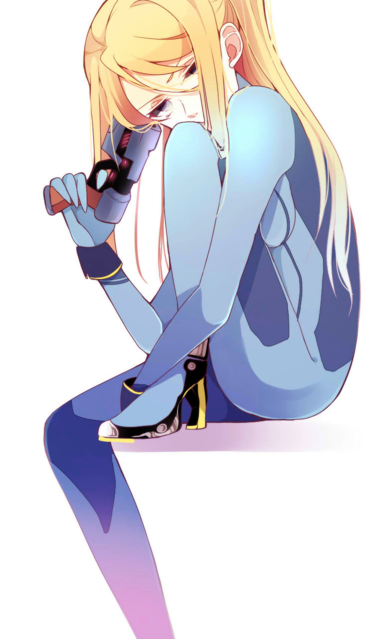 Safebooru - 1girl blonde hair blue eyes gun high heels highres long hair metroid nintendo ...