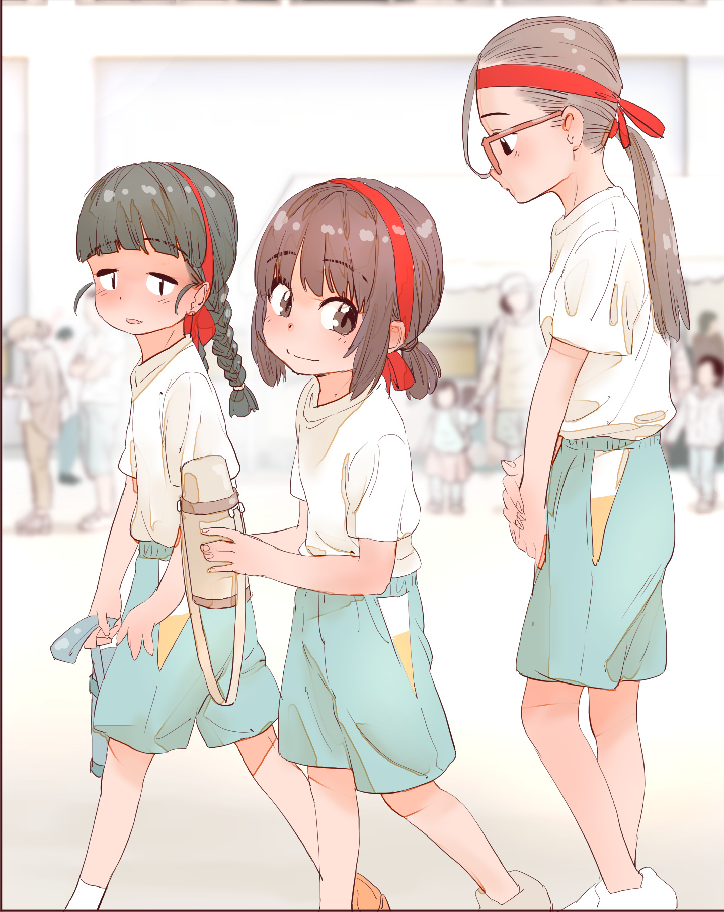 Safebooru - 3girls black hair blurry blurry background braid brown eyes ...
