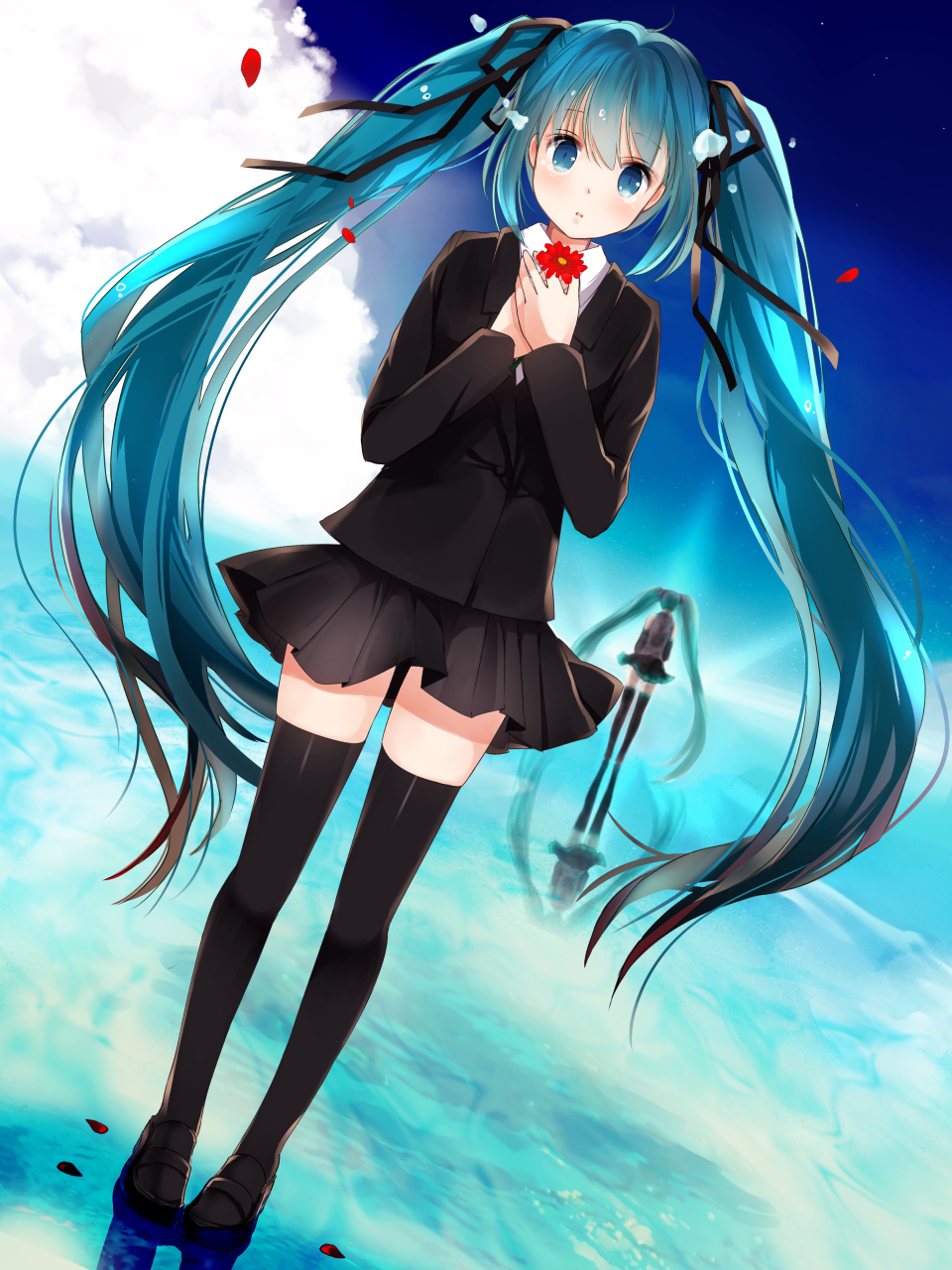 Safebooru - 2girls aqua eyes aqua hair black legwear dutch angle flower hair ribbon hatsune miku ...