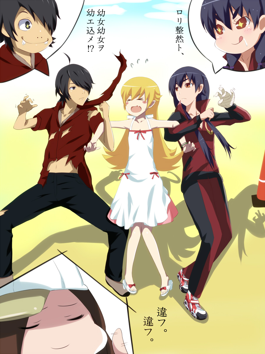 Safebooru - 1boy 3girls araragi koyomi bakemonogatari dress gaen izuko ...