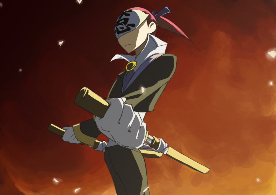 Safebooru - 1boy katanagatari mask ponytail redhead solo souda ...