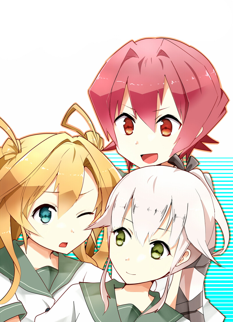 Safebooru - >:d 3girls :d abukuma (kantai collection) aqua eyes black ribbon blonde hair double ...