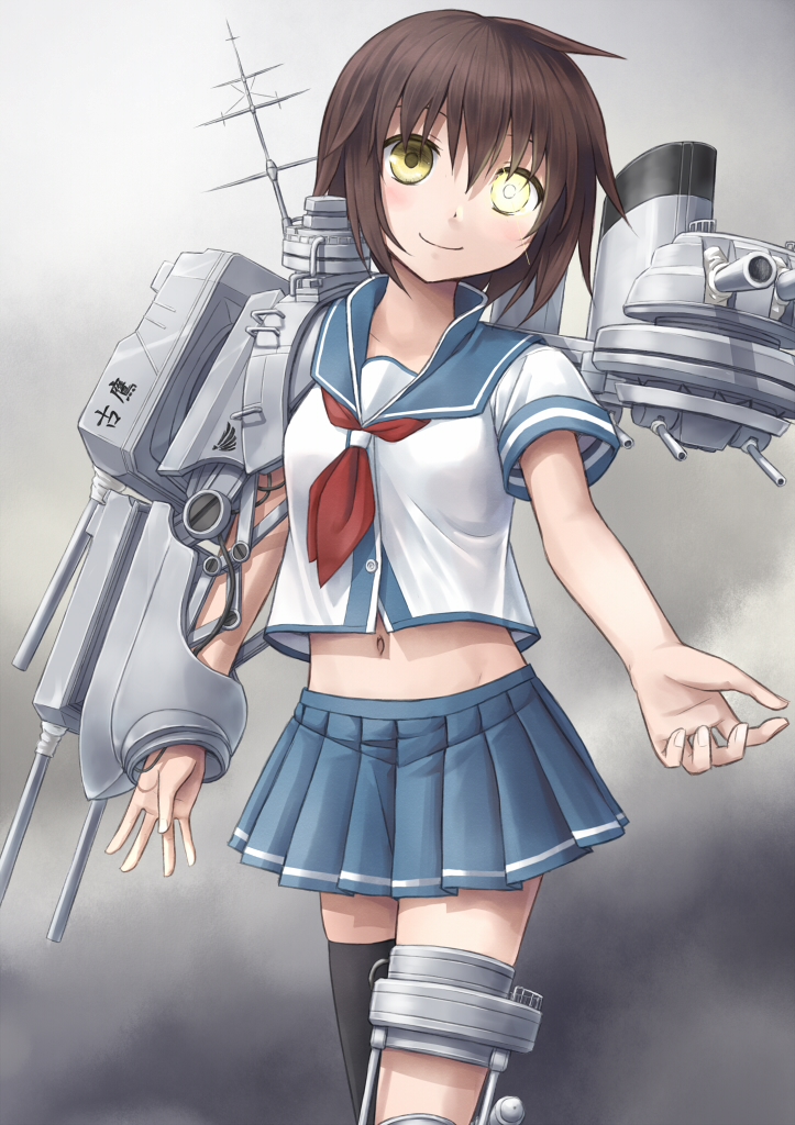 Safebooru - 1girl asymmetrical legwear black legwear blue skirt brown hair cannon furutaka ...