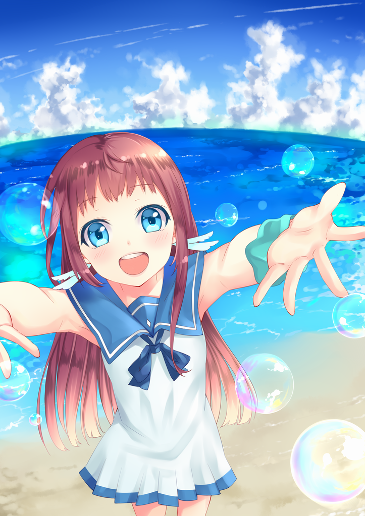 Safebooru - 1girl arios (orochi yuta) beach blue eyes brown hair long hair mukaido manaka nagi ...