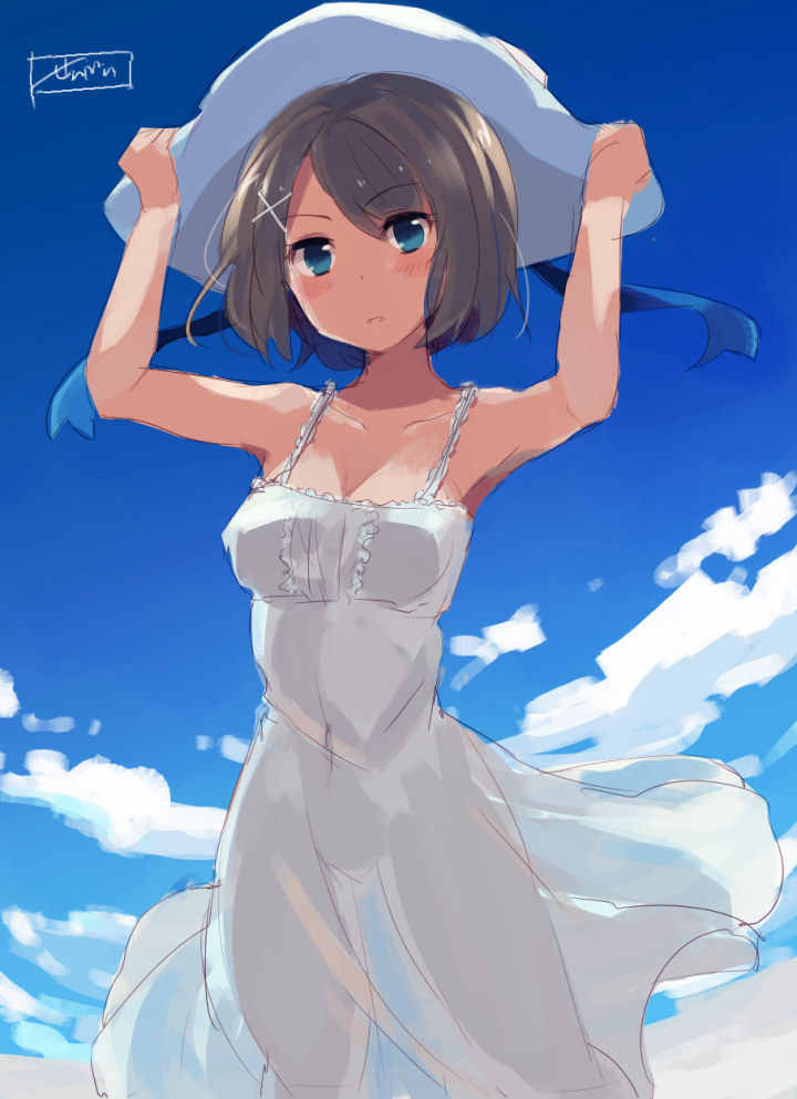 Safebooru - 1girl alternate costume blue eyes blush brown hair clouds dress hat holding holding ...