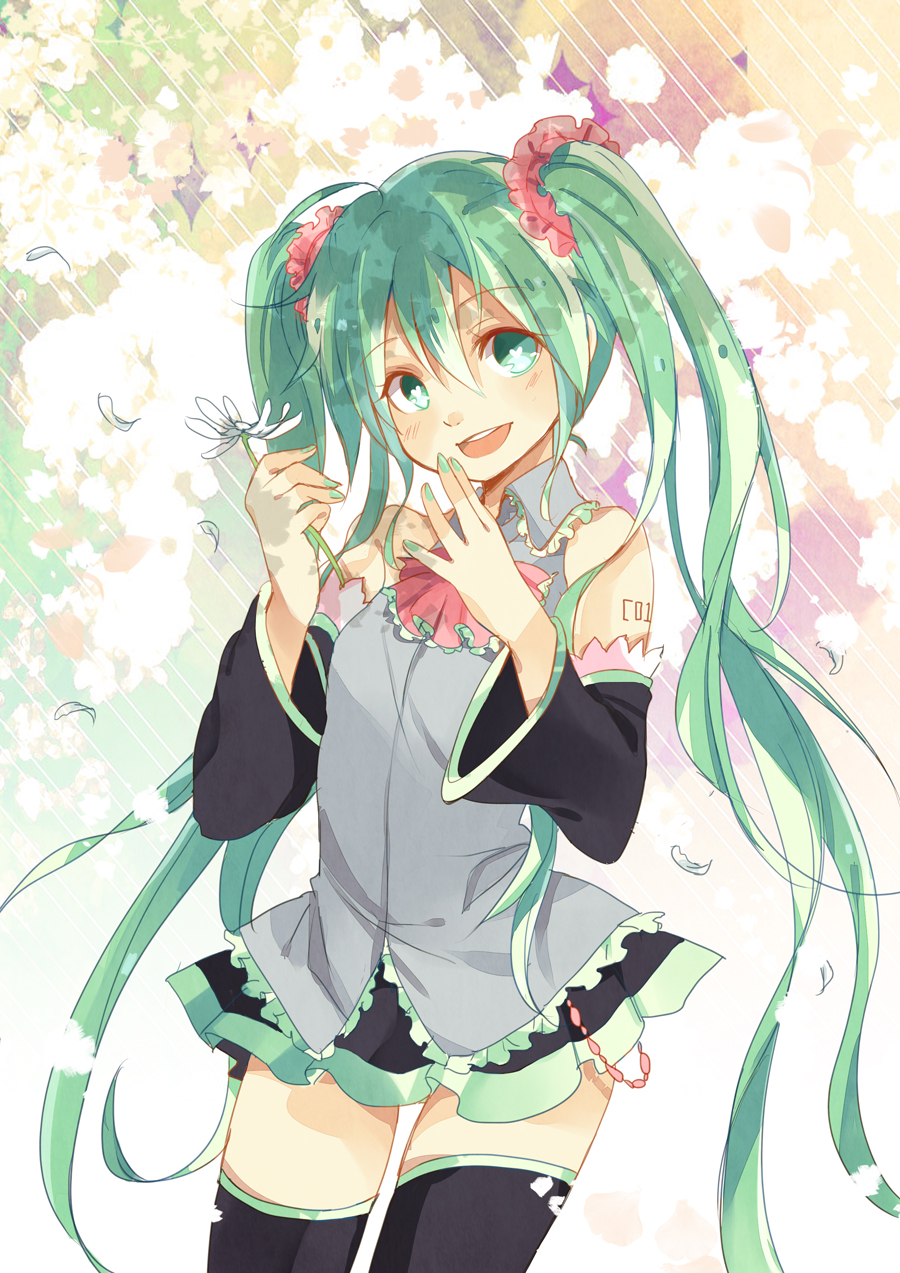 Safebooru - 1girl detached sleeves flower green eyes green hair hatsune ...