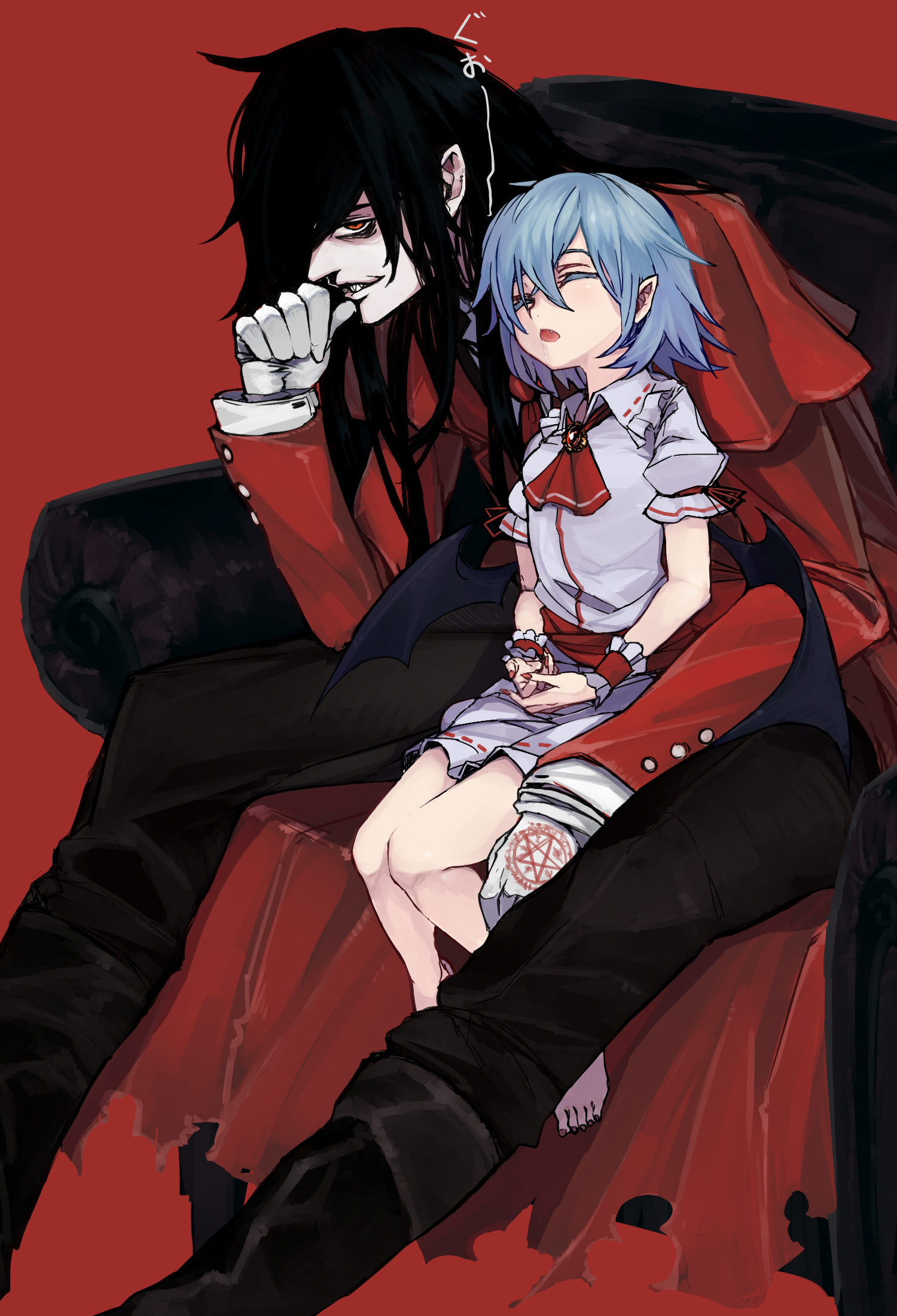 Safebooru - 1boy 1girl alucard (hellsing) black hair blue hair colored eyelashes drooling gloves ...
