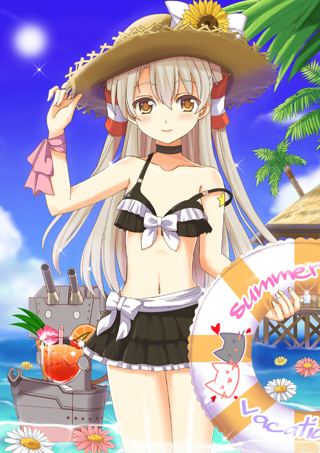 Safebooru - amatsukaze (kantai collection) bikini bikini skirt black bikini blue sky cat flower ...