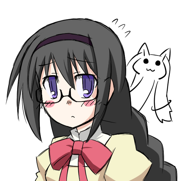 Safebooru - 1girl akemi homura black hair bow braid bust chikichikibatta glasses hairband kyubey ...