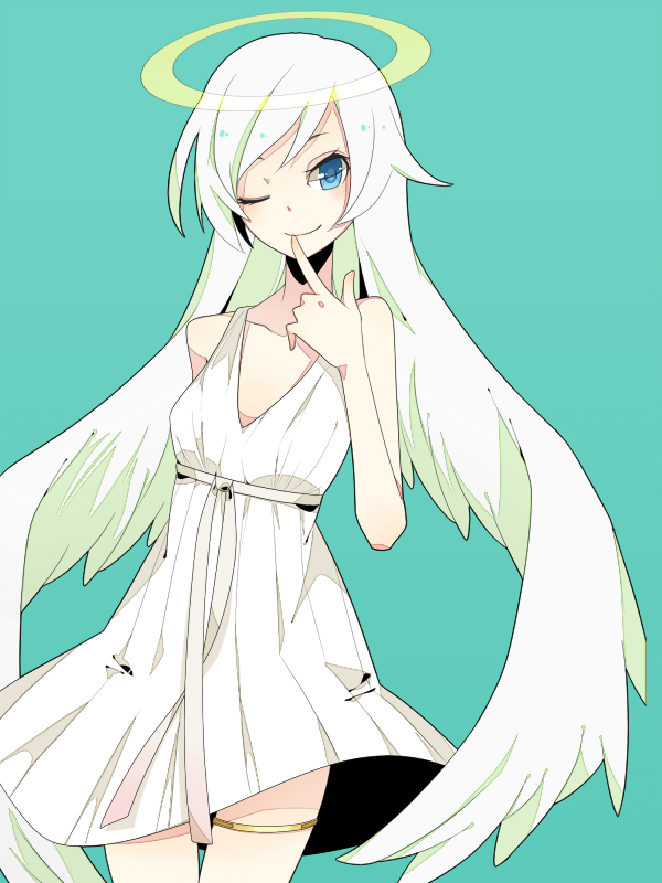 Safebooru - bare shoulders blue eyes dress halo merlusa one eye closed original thigh strap ...