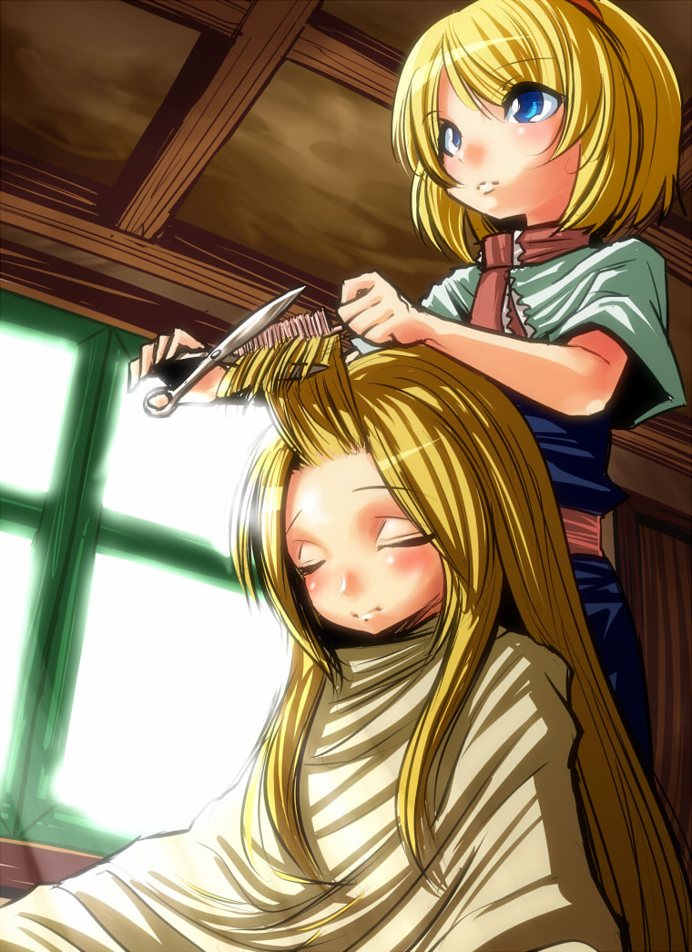 Safebooru - 2girls alice margatroid blonde hair blue eyes comb cutting hair kirisame marisa ...