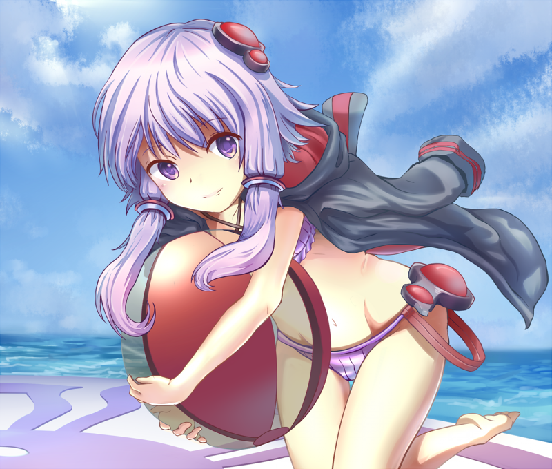 Safebooru - 1girl ball beachball bikini jacket on shoulders long hair purple hair shuufuu ...