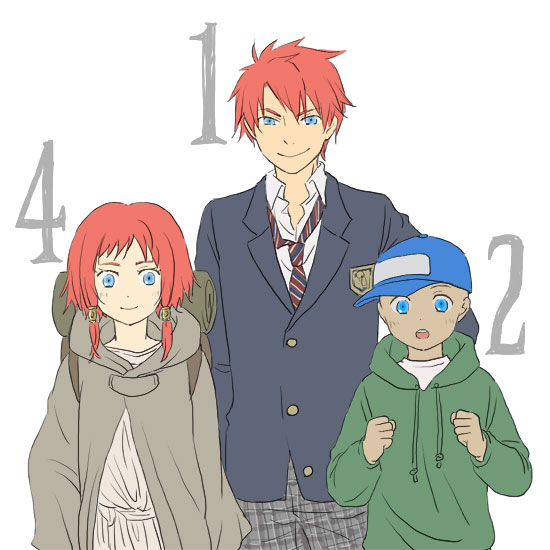 Safebooru - 1girl 2boys backpack bag bec mcconn blue eyes cape dark ...