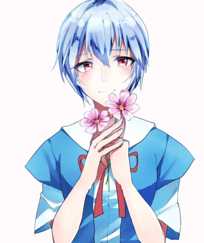 Safebooru - 1girl ayanami rei blue hair boc91025 flower jpeg artifacts neon genesis evangelion ...