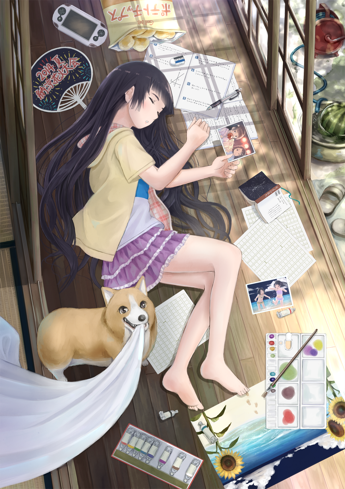 Safebooru 1girl Barefoot Black Hair Book Canvas Object Closed Eyes 4793