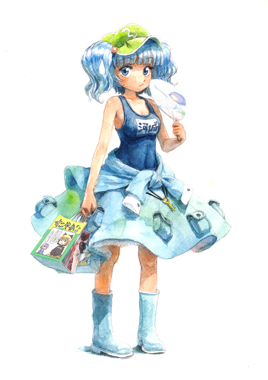 Safebooru - 1girl bag blue eyes blue hair blush boots breasts fan hair ...