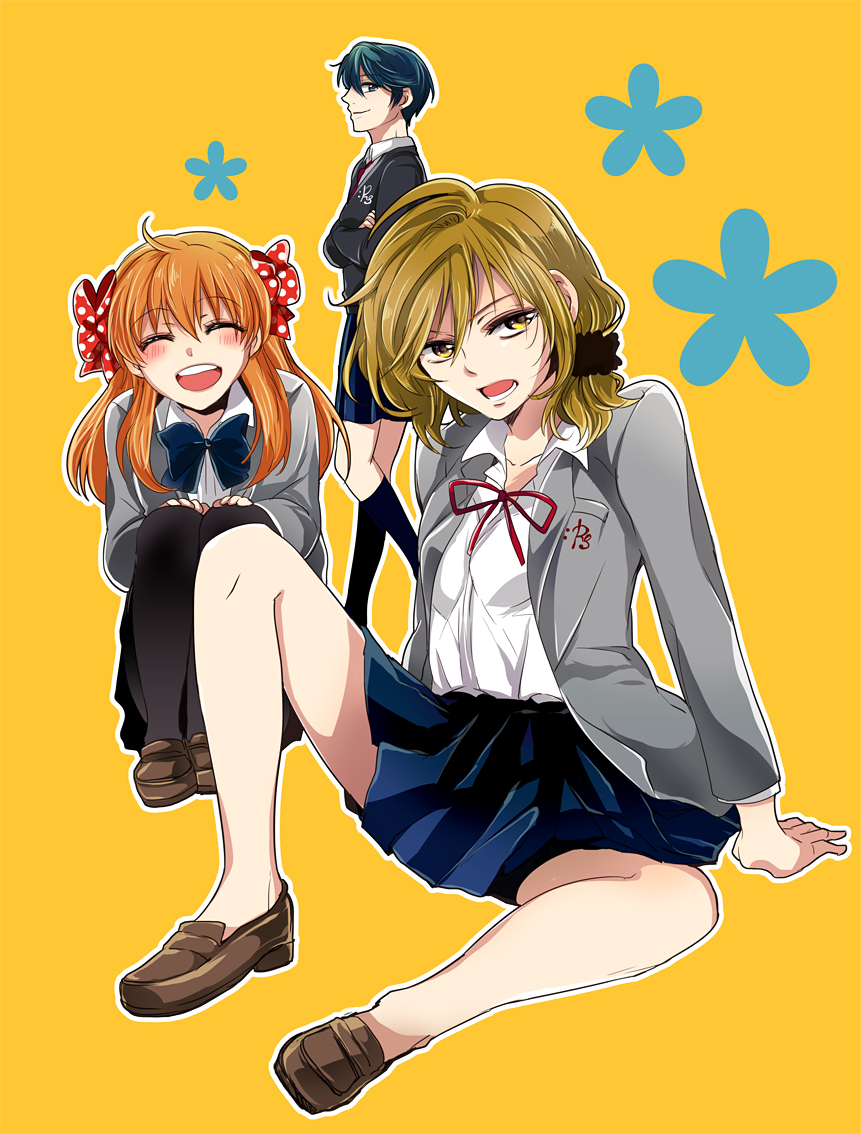 Safebooru - 3girls ^ ^ arm support black legwear blue hair blush bow brown hair closed eyes ...