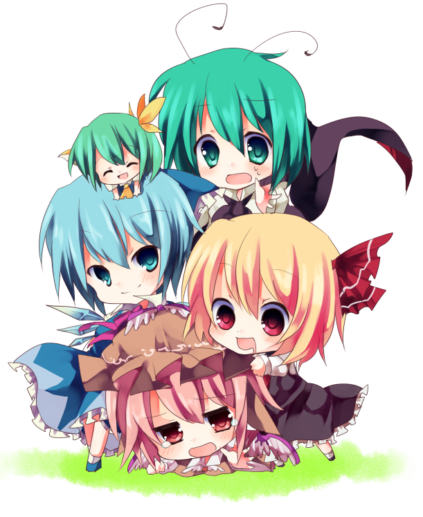 Safebooru - >:) 5girls :d ^ ^ antennae blonde hair blue eyes blue hair ...