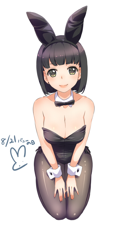 Safebooru - 1girl animal ears black eyes black hair breasts bunnysuit cleavage detached collar ...