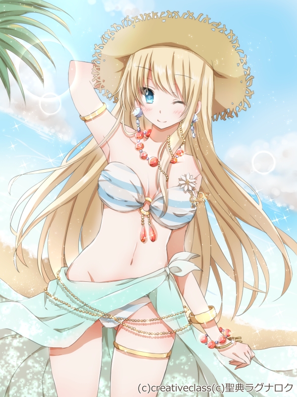 Safebooru - 1girl arm behind head beach bikini blonde hair blue eyes bracelet breasts cleavage ...