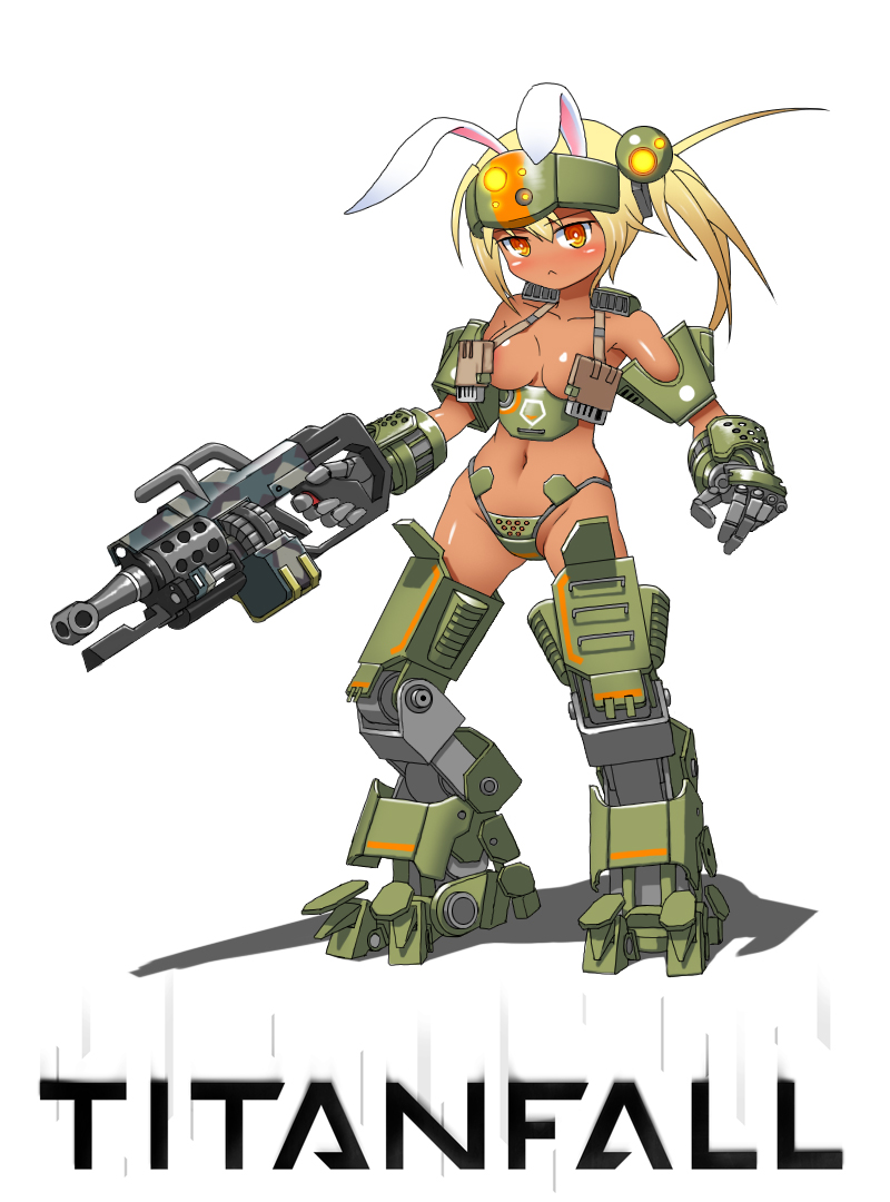 Safebooru - 1girl animal ears assault rifle atlas (titanfall) blonde hair dark skin gauntlets ...