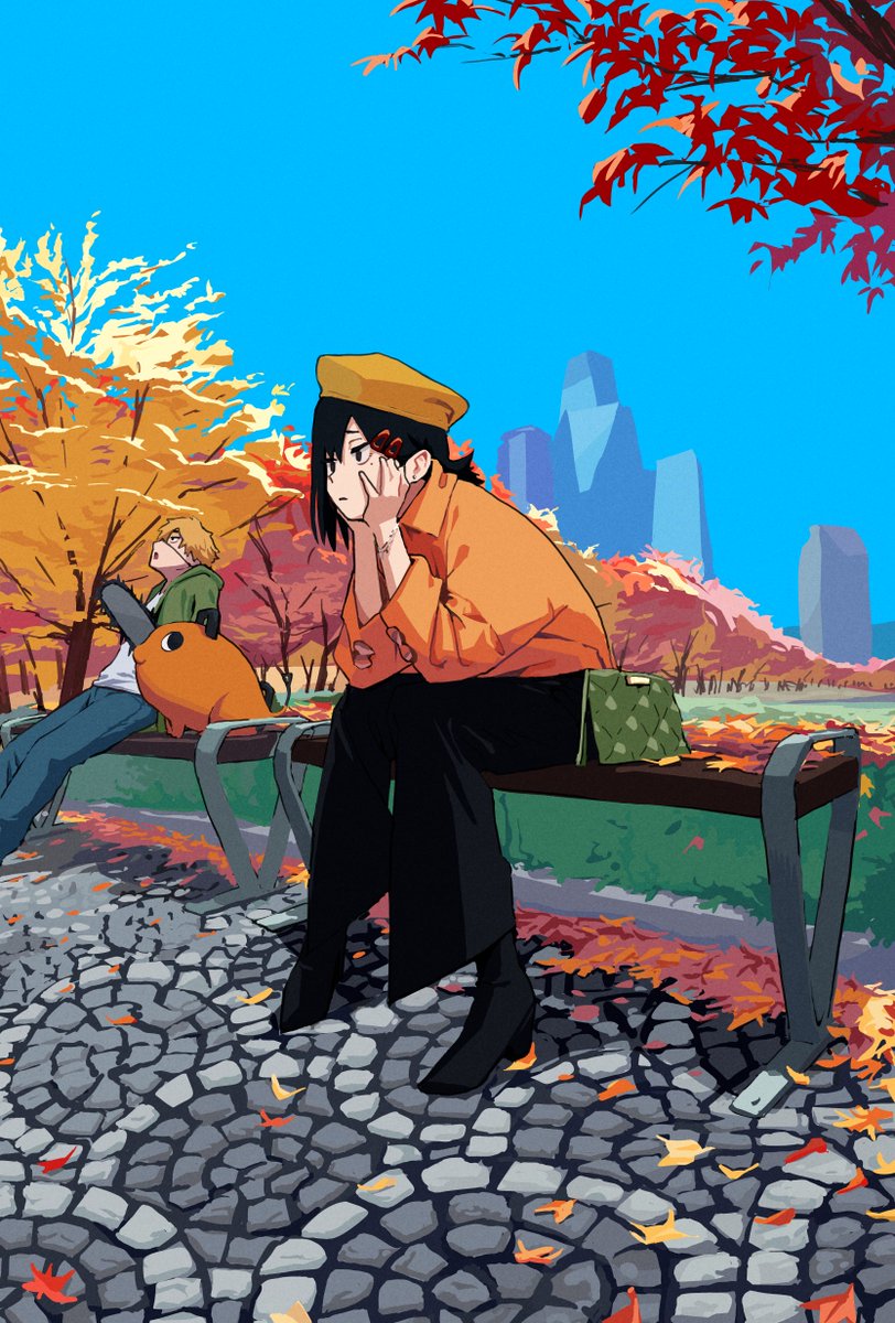Safebooru - 1boy 1girl 1other arms on knees autumn autumn leaves bag bench black hair blonde ...