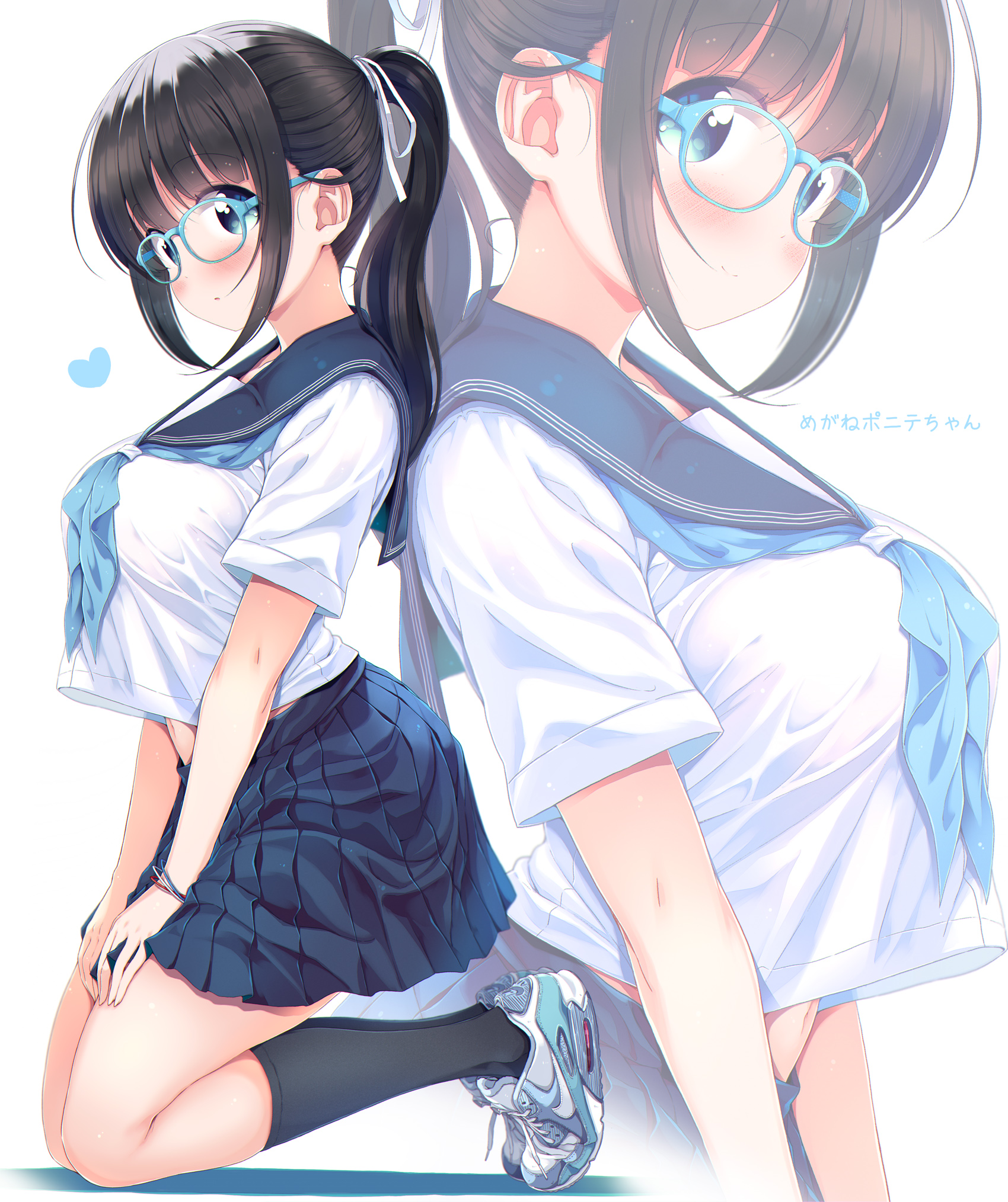 Safebooru - 1girl bangs black hair blue-framed eyewear blue eyes blue neckwear blue skirt ...