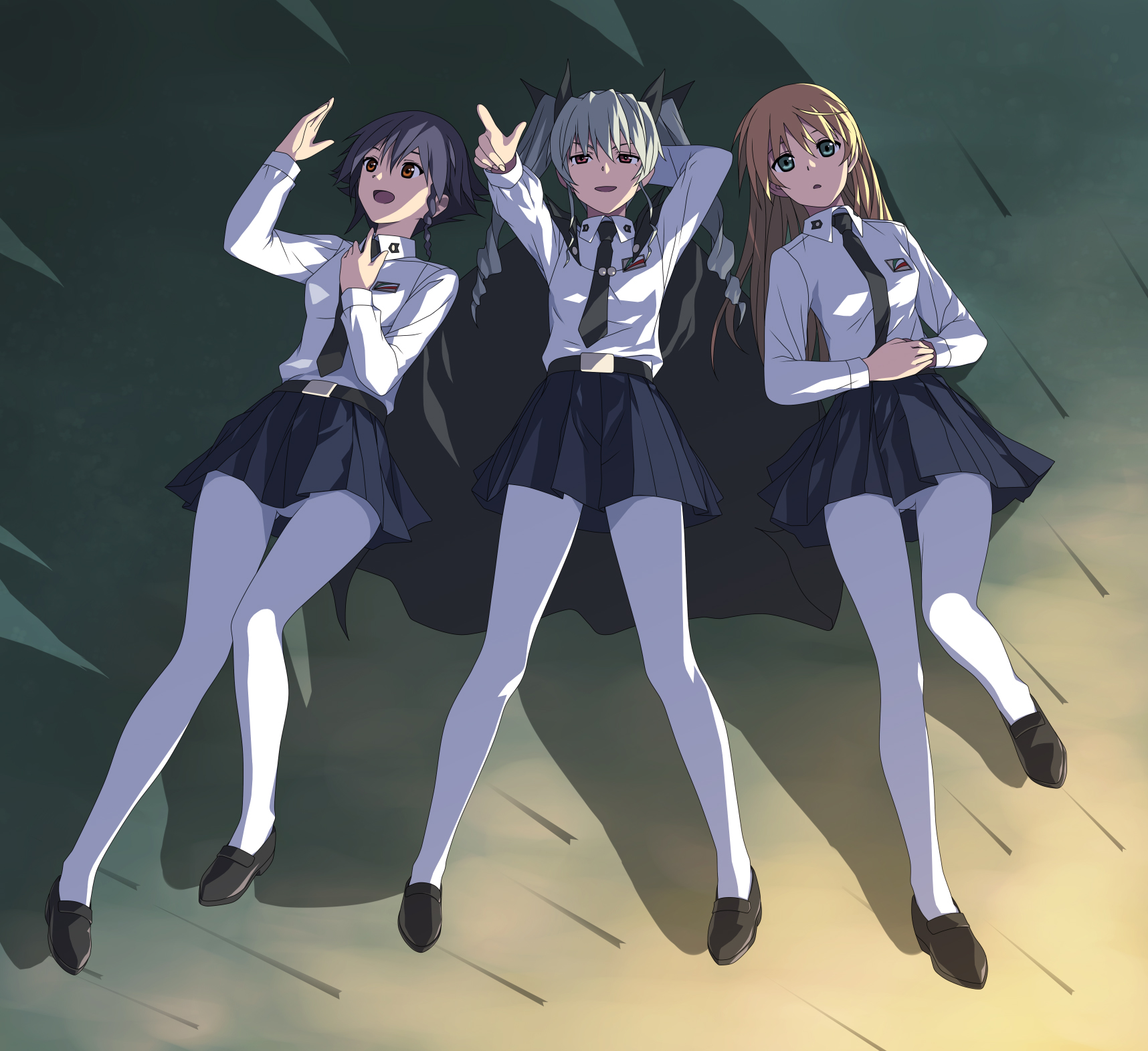 Safebooru - 3girls anchovy belt black hair blonde hair braid brown eyes cape carpaccio dress ...