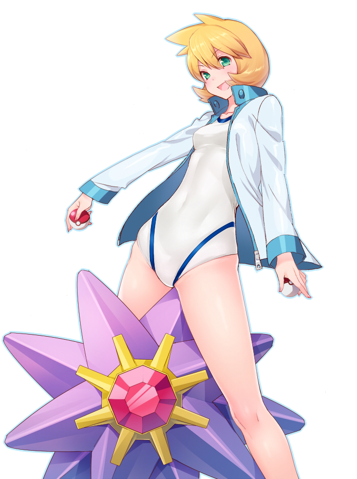 Safebooru - 1girl :d akira (natsumemo) blue eyes blush breasts covered navel jacket kasumi ...