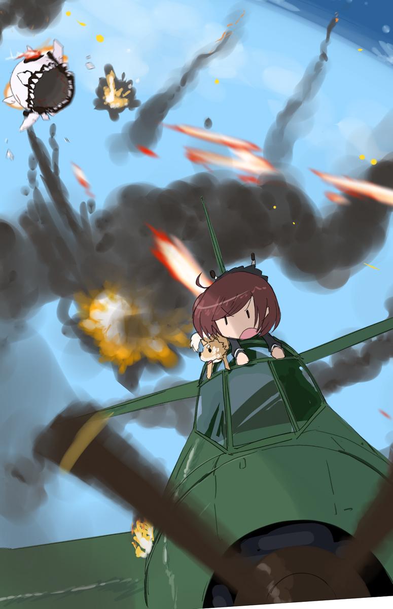 Safebooru - 1girl aerial battle ahoge aircraft battle blue sky dog explosion fairy fairy (kantai ...