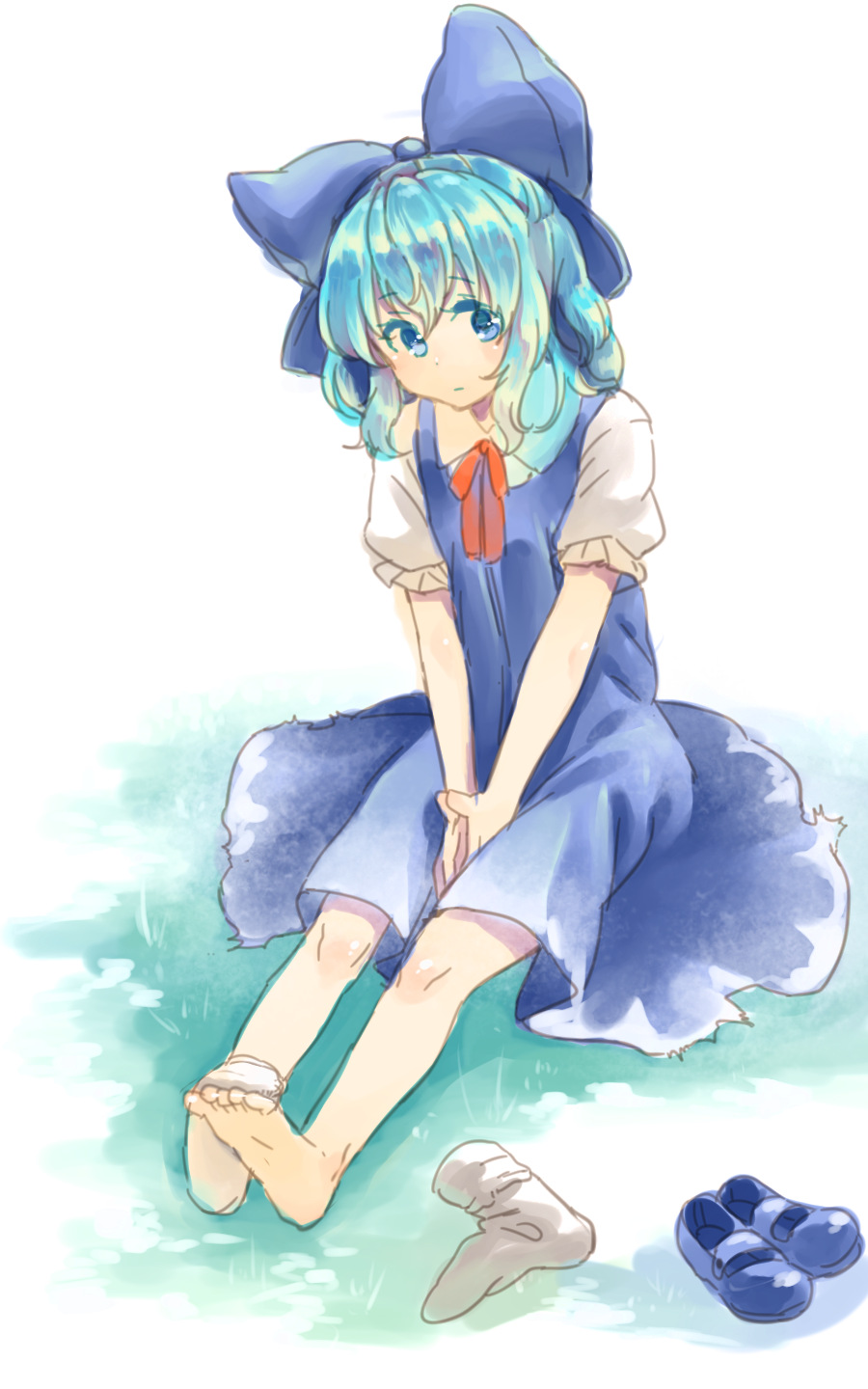 Safebooru - 1girl barefoot blue dress blue hair bow cirno dress hair bow highres legwear removed ...