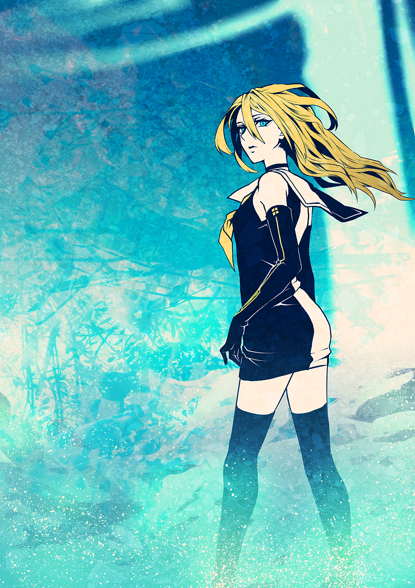Safebooru - 1girl alternate hairstyle black gloves black legwear blonde hair blue eyes dress ...