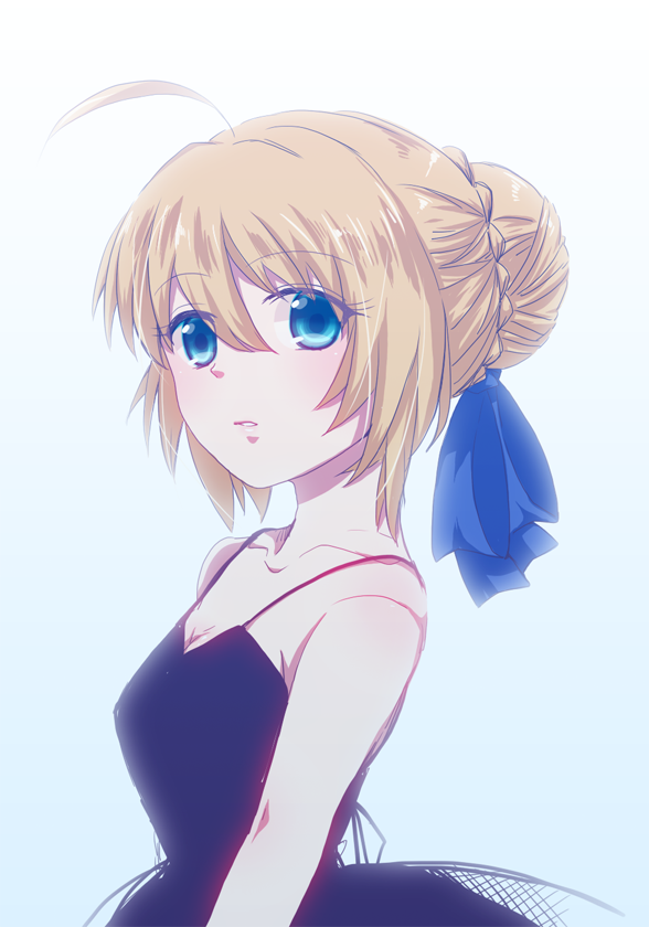 Safebooru - 1girl ahoge aoshi (angelfish720) bare shoulders blonde hair blue eyes dress fate ...