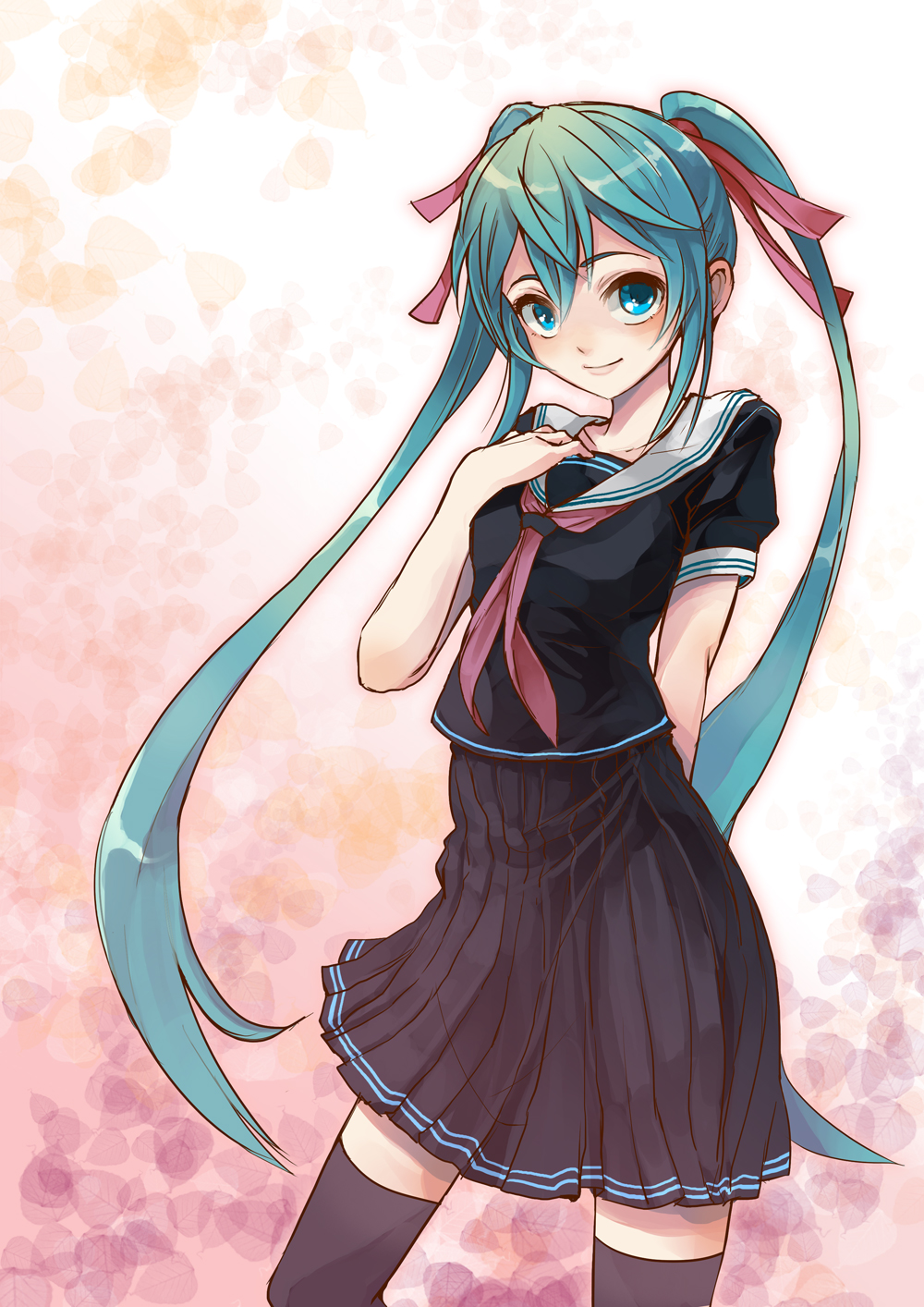 Safebooru - 1girl aqua eyes aqua hair hair ribbon hand on own chest hatsune miku highres hummer ...