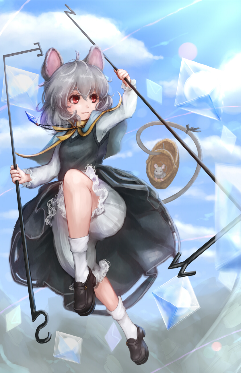 Safebooru - 1girl animal ears bloomers blue sky capelet clouds dowsing rod dress gem grey dress ...