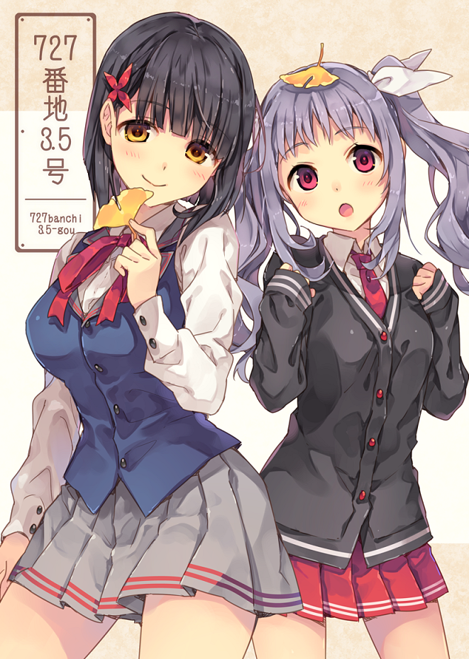 Safebooru - 2girls black hair blazer bowtie hair ornament leaf leaf on ...