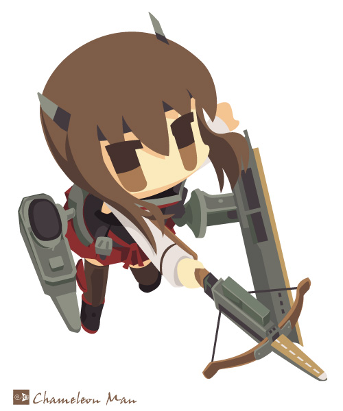 Safebooru - 1girl bow (weapon) brown eyes brown hair chameleon man (three) chibi crossbow ...