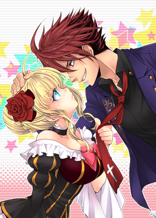 Safebooru - 1boy 1girl beatrice black battler blonde hair blue eyes bow choker eye contact ...