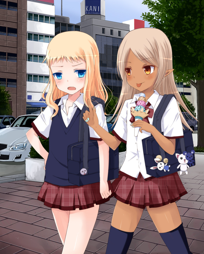 Safebooru - 2girls bag black legwear blonde hair blue eyes brown eyes ...