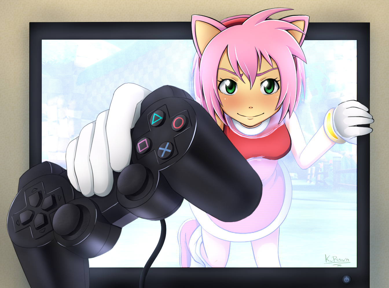 Safebooru - 1girl amy rose animal ears blush controller dress dualshock game controller gloves ...