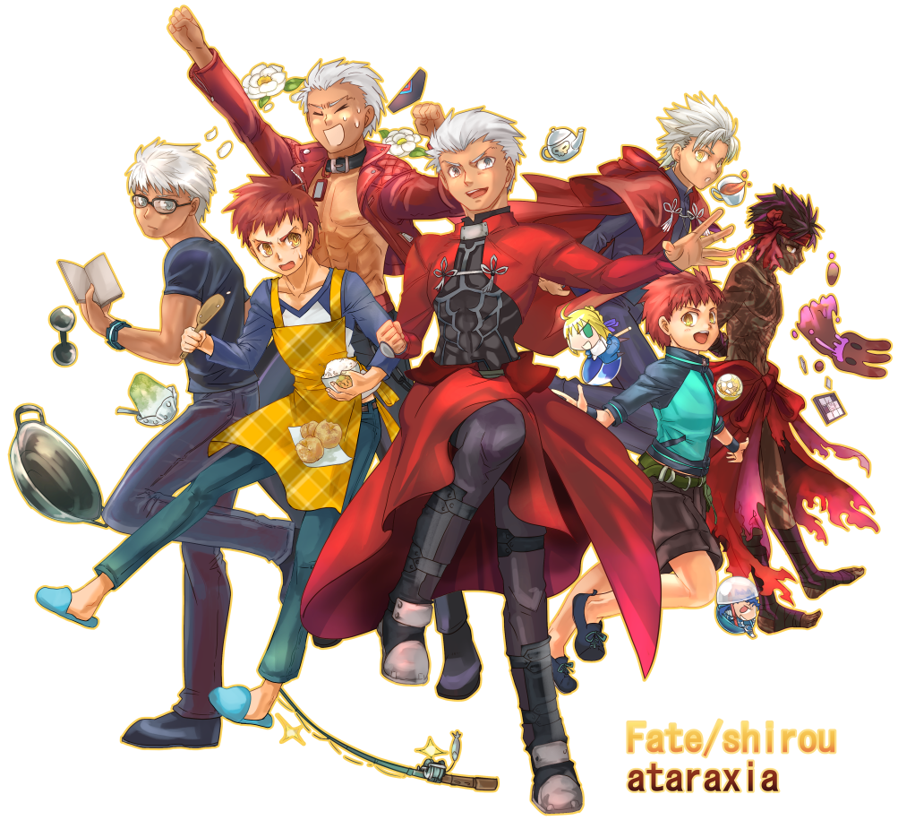 Safebooru - 6+boys apron archer avenger barbell brown hair capsule ...