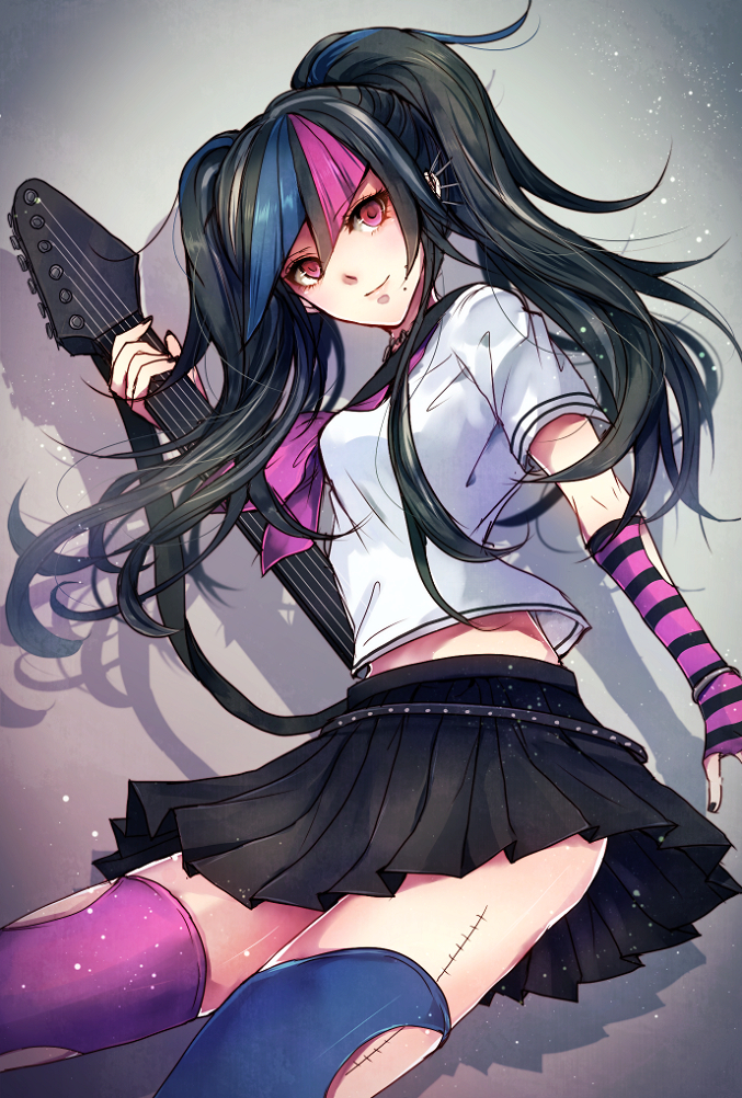 Safebooru - 1girl alternate hairstyle black hair blue hair dangan ronpa earrings guitar ...
