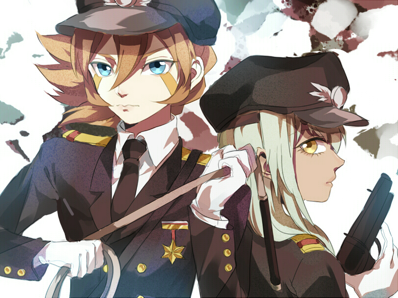 Safebooru - 2boys blue eyes epaulettes genda koujirou gloves gun ...