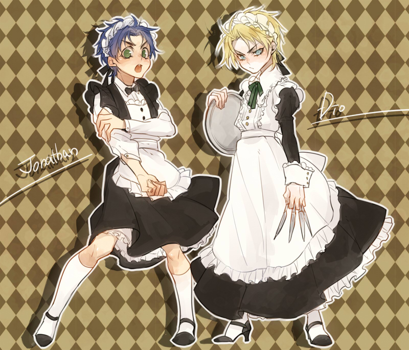 Safebooru - 2boys alternate costume apron blonde hair blue eyes blue hair crossdressinging dio ...